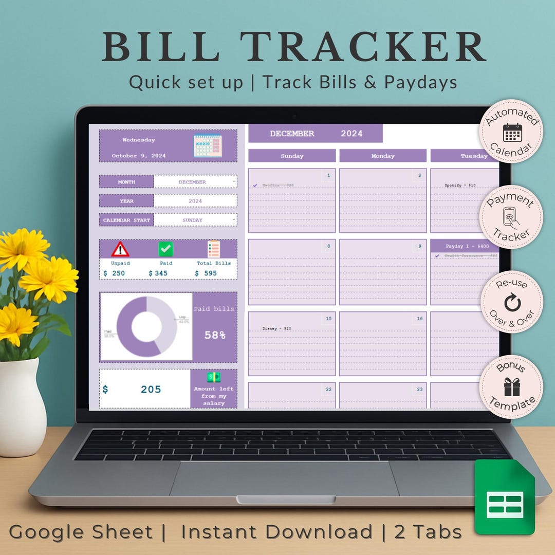 Monthly Bill Tracker Spreadsheet, Google Sheets Bill Calendar, Editable ...