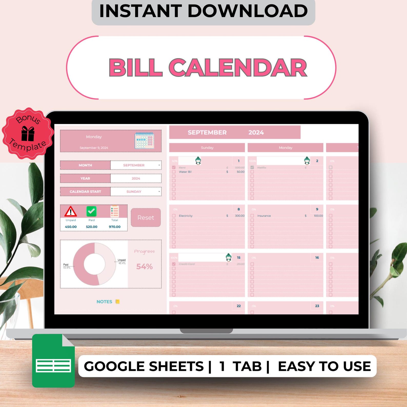 Bill Calendar Spreadsheet, Bill Tracker Template, Bill Checklist ...