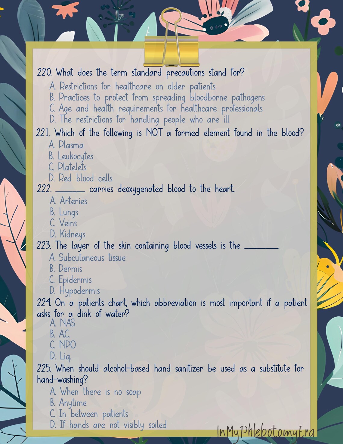 Phlebotomy; NHA CPT Exam Study Guide | 225 Multiple Choice Questions ...