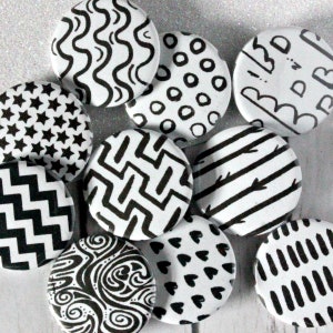 Black and White Monochrome Pattern Badge Pack, Set of 4 Button Badges ...