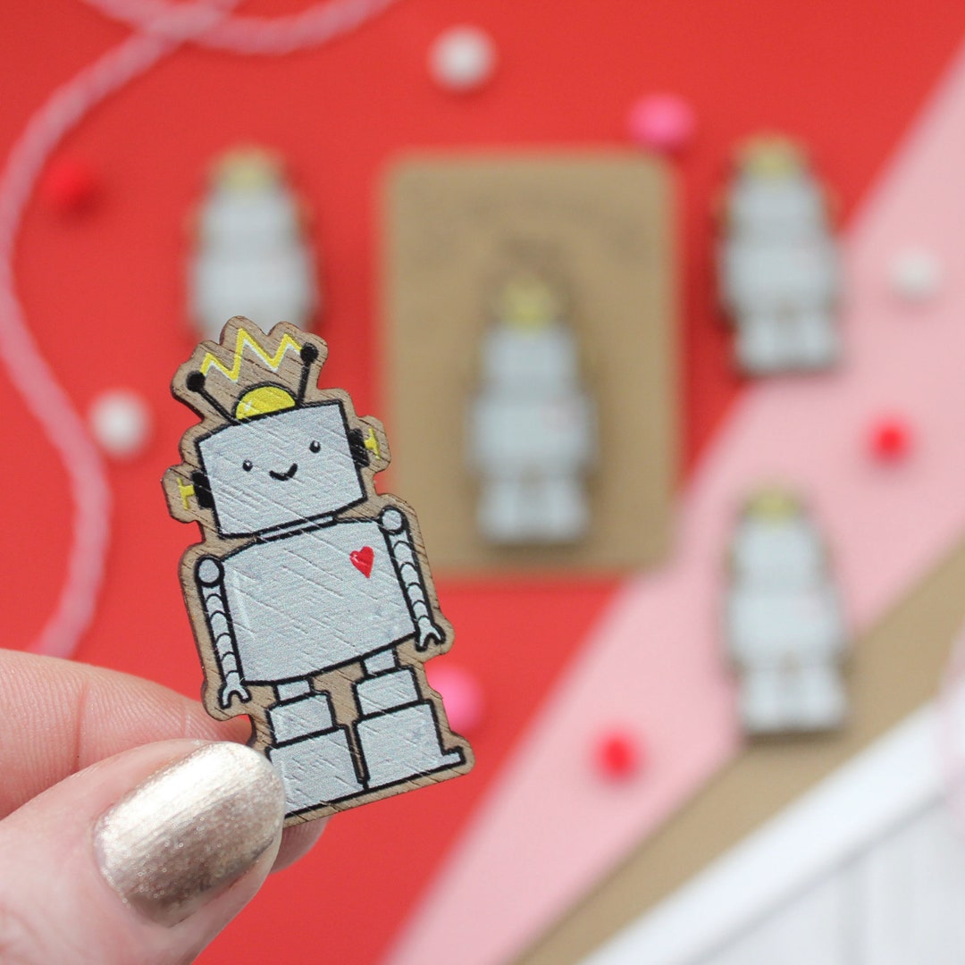 Robot Wood Pin Badge, Cute Wooden Pin Badge - Etsy