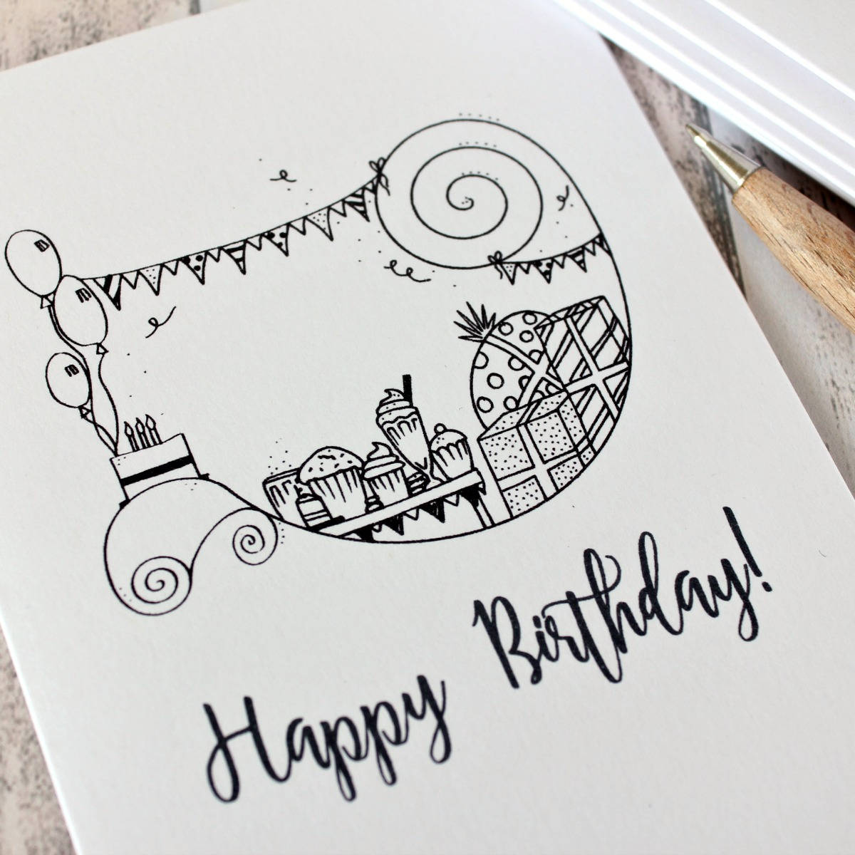 Happy Birthday Card, Black and White With Illustrations - Etsy