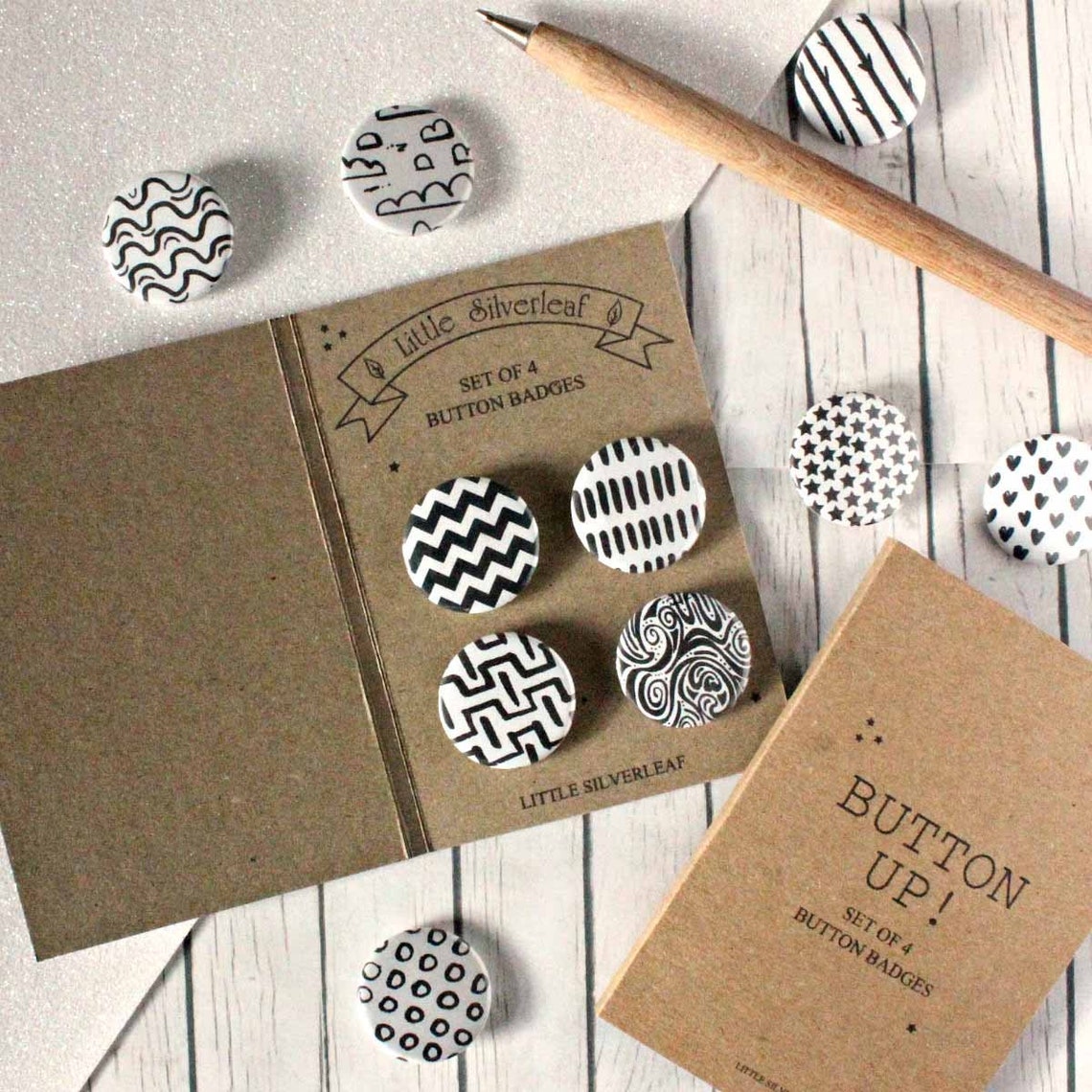 Black and White Monochrome Pattern Badge Pack Set of 4 Button | Etsy