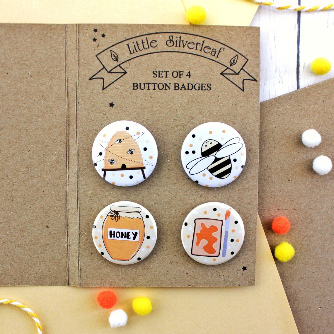 Honey Bee Badge Pack: Set of 4 Button Badges (25mm) - Etsy