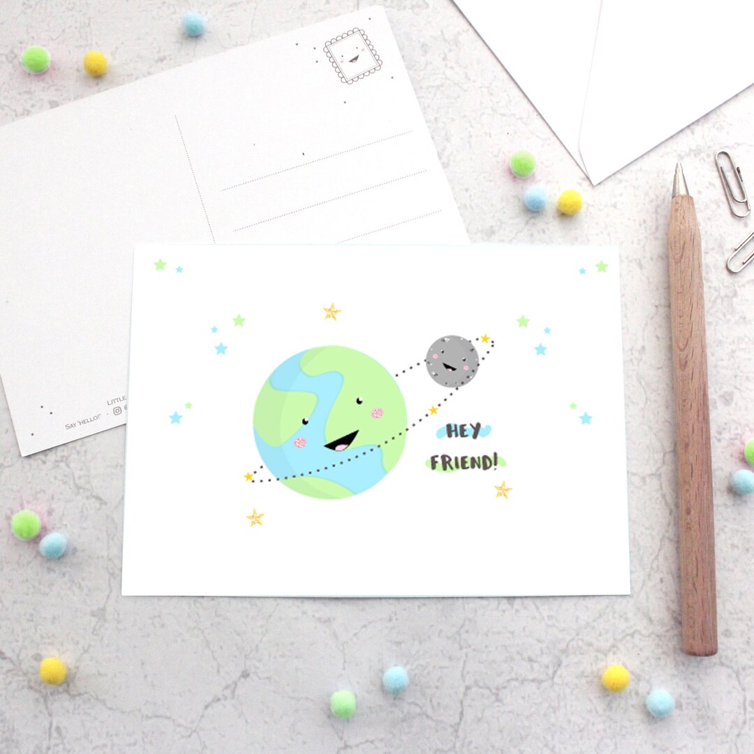 Hey Friend - Planet Earth Happy Mail Postcard - Glitter Postcard - Etsy