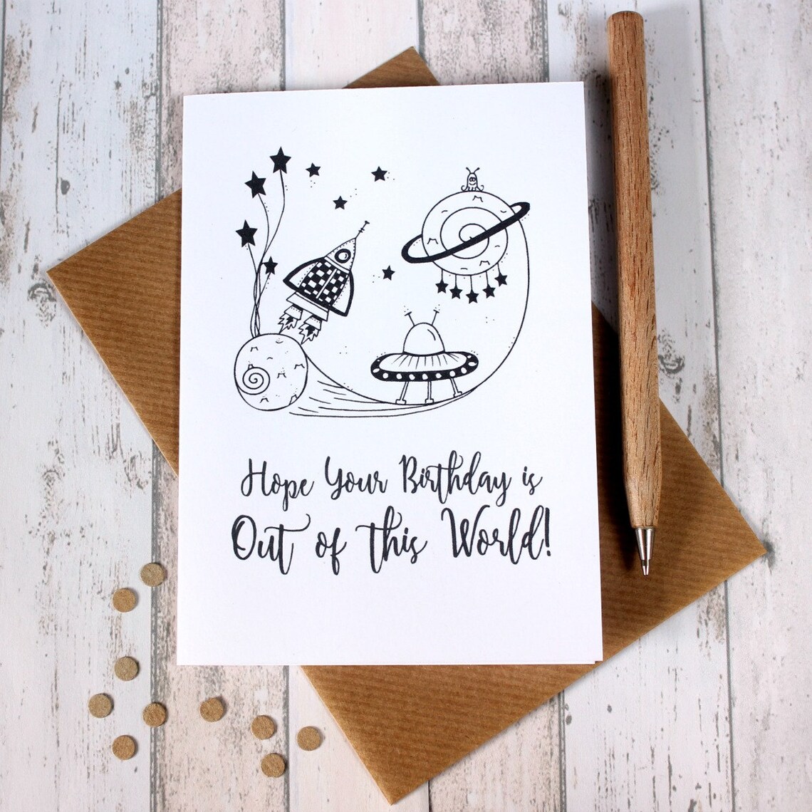 Alien Birthday Card: Out of This World! Hand-drawn Outer Space Design ...