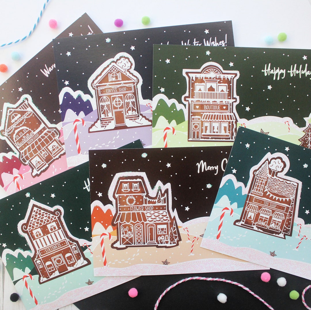 Illustrated Gingerbread Shops Christmas Postcard Set: Packs of 6 or 12 ...