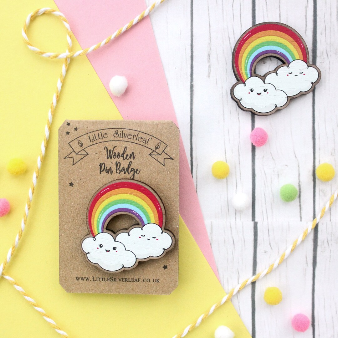 Rainbow Wooden Pin Badge With Cute Kawaii Clouds - Etsy