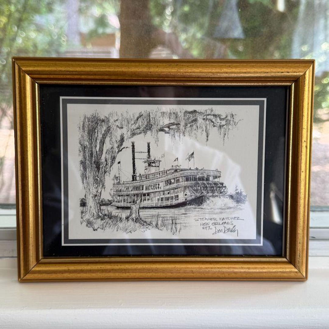 Framed 1976 Steamer Natchez New Orleans Charcoal Signed Don Davey Gold ...