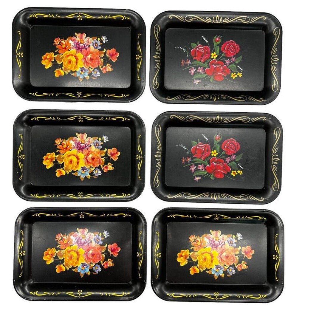 Vintage Hand-painted Tole Floral Metal Trays Set of 6 Rectangular Black ...