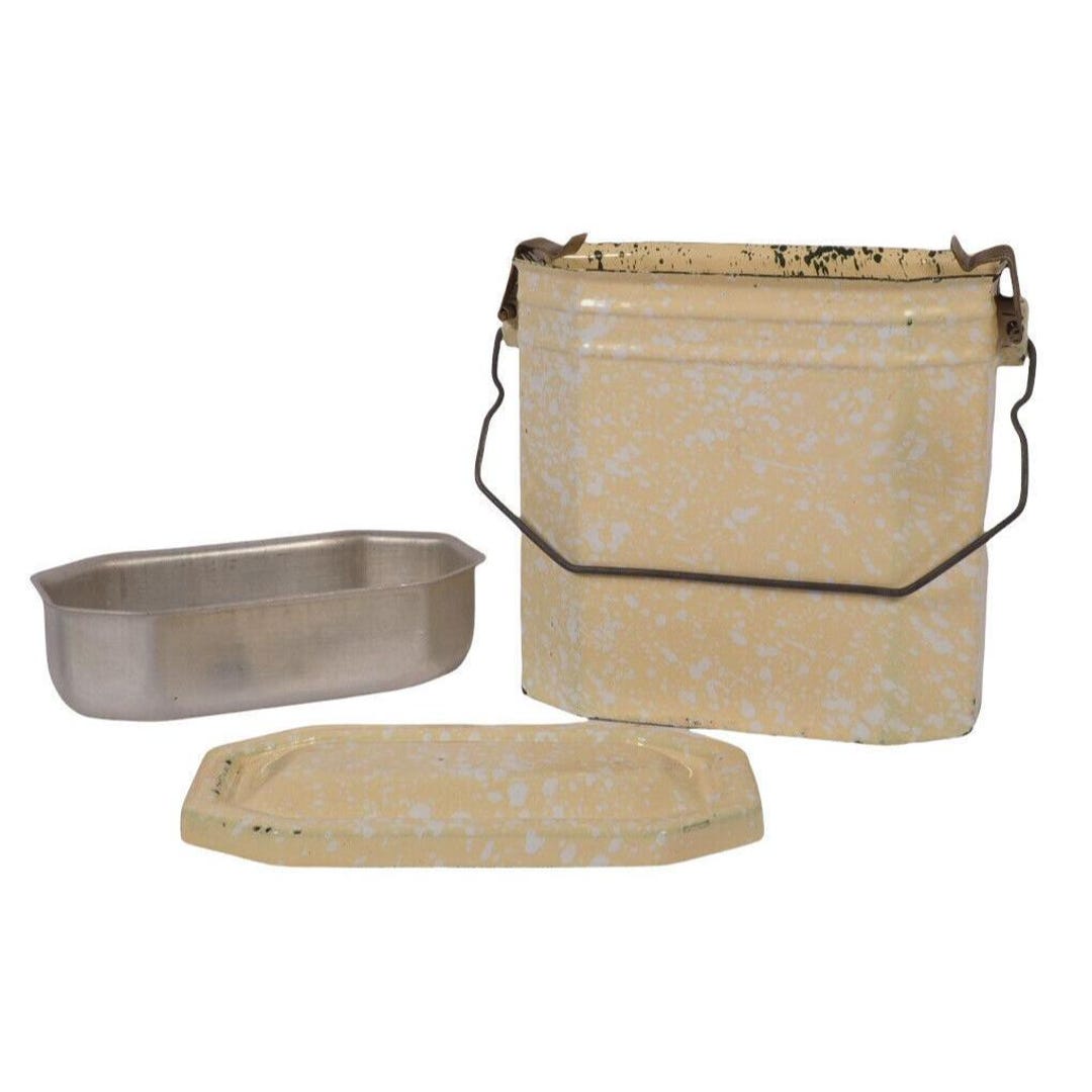 Antique French Lunchbox Granite Enamel Ware Yellow White Green Speckled ...