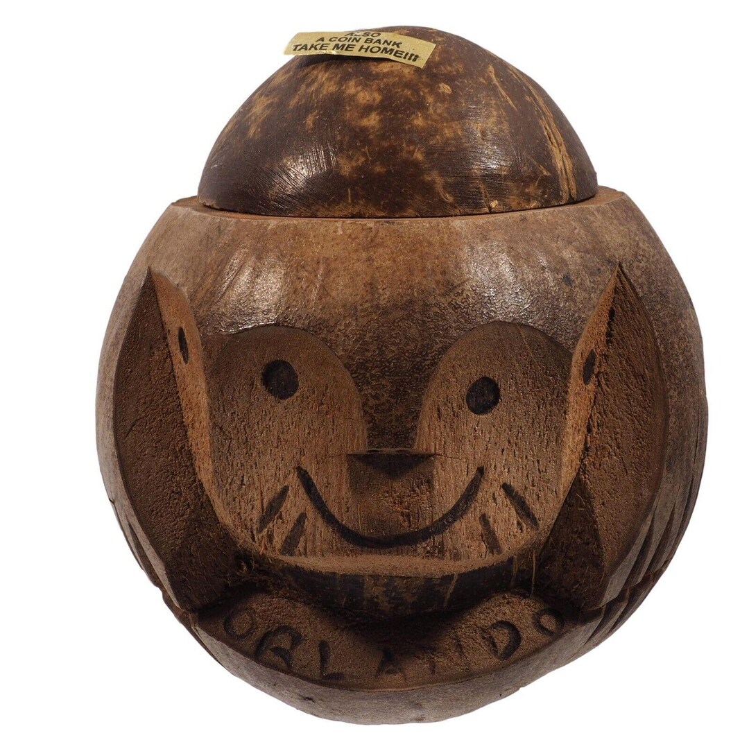 Vintage Hand-carved Coconut Shell Coin Bank take Me Home Orlando Monkey ...