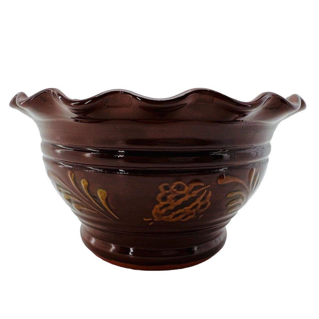 C Ned Foltz 1990 Sgraffito Redware Pottery Deep Bowl Scalloped PA Folk ...