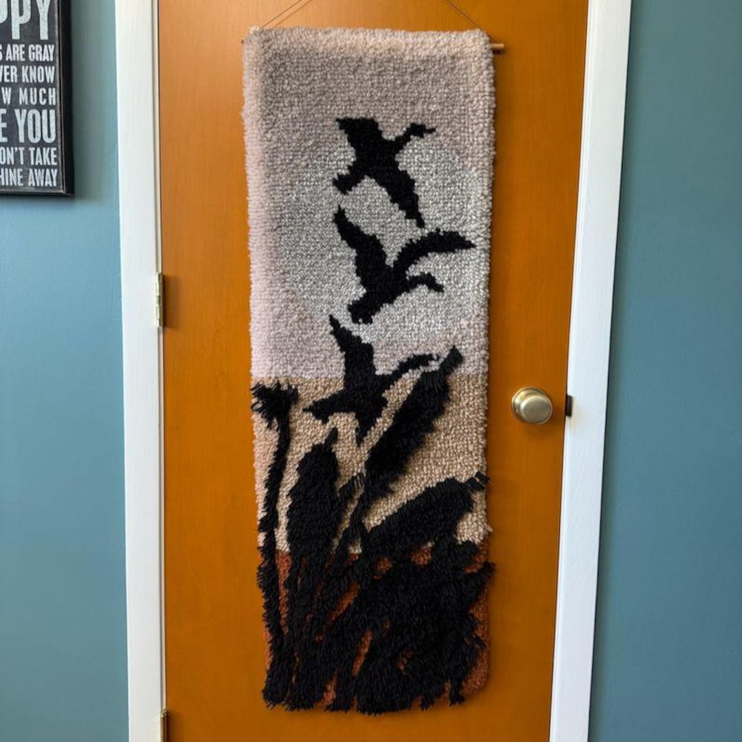 Vintage 70's Handmade Latch Hook Wall Hanging With Flying Birds Reeds ...