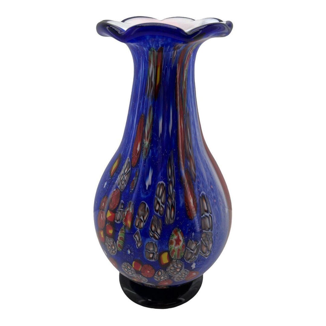 Vintage Murano Millefiori Vase Italy Art Glass Blue Multi Colored Heavy ...