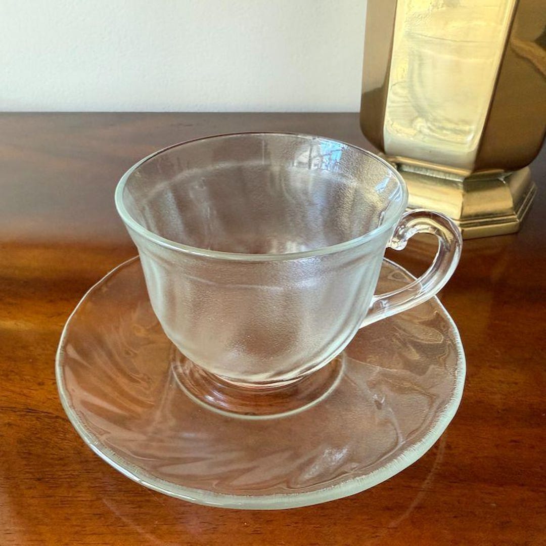 2 Pc Vintage Arcoroc Clearbrook Glass Cup and Saucer Swirl Frosted ...