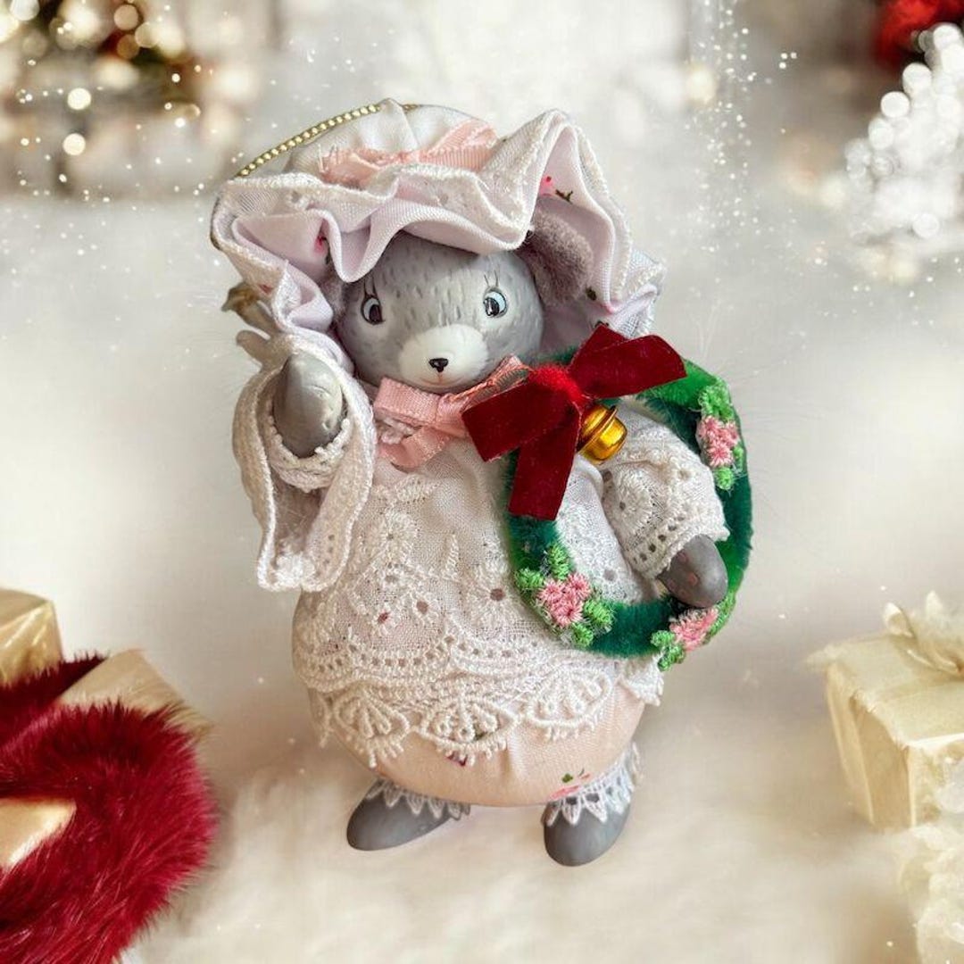 1983 Kurt Adler Christmas Porcelain Mouse Ornament Girl Eyelet Dress ...