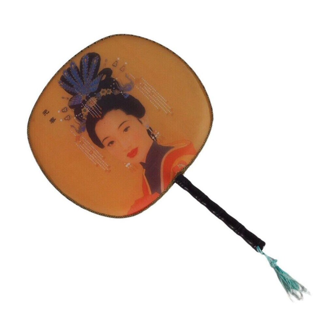 Vintage Asian Japanese Fan Geisha Stretched Silk Screen Round Paddle ...
