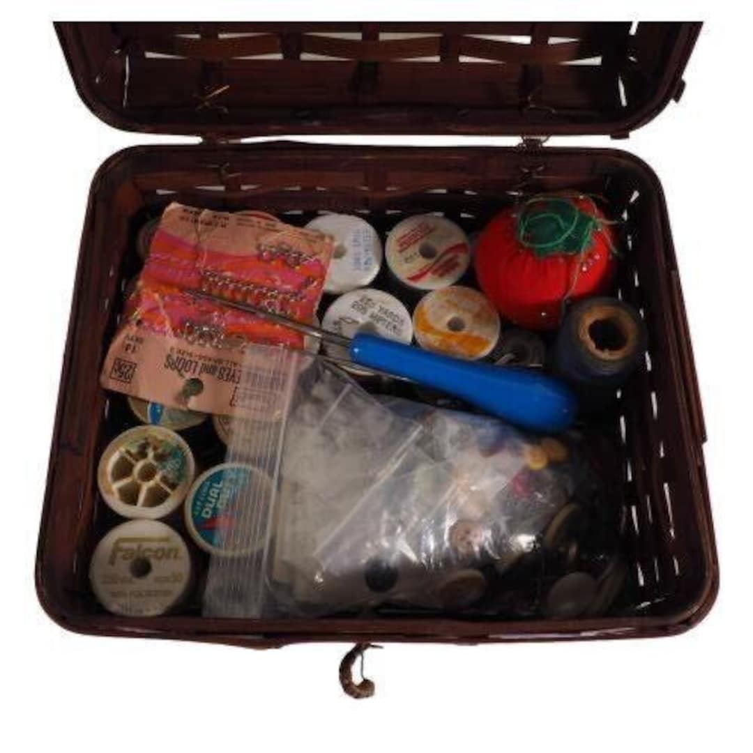 Vintage Sewing Basket Filled W Thread Buttons Wicker Woven Latched MCM ...