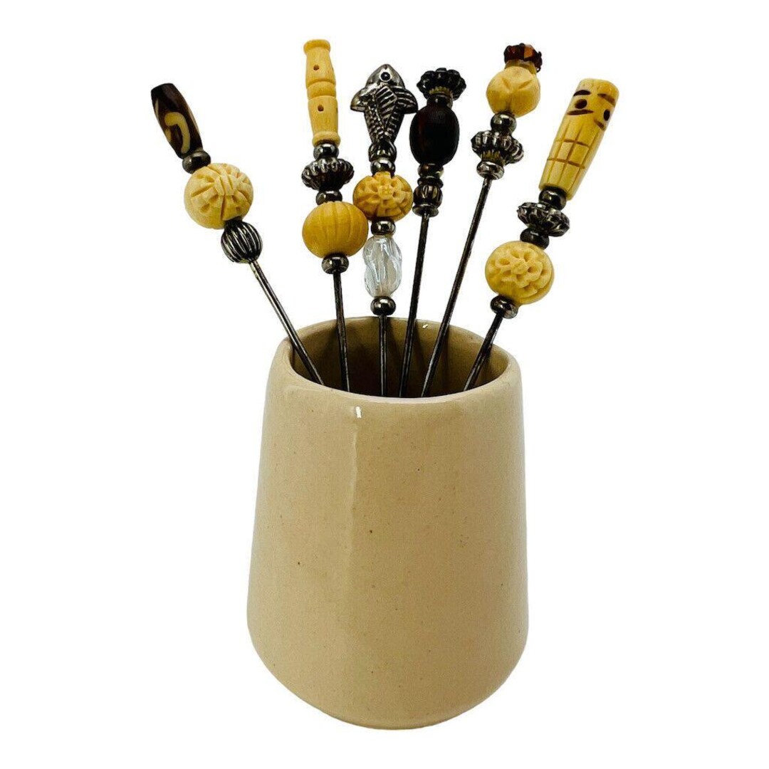 Cocktail Hors D’oeuvre Forks in Ceramic Holder Set of 7 Carved Silver ...