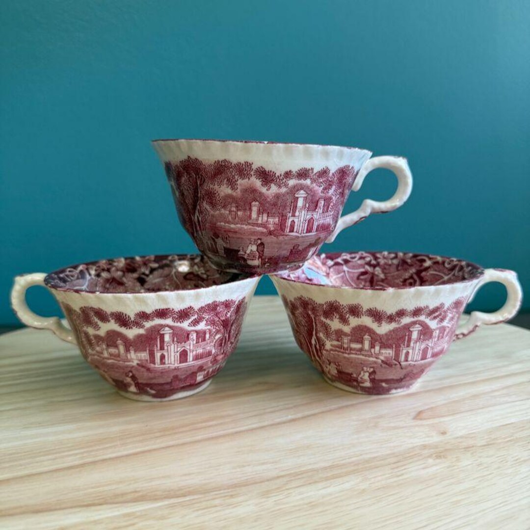 3 Vintage Masons Red Vista Tea Cups English Ironstone Scenic Pattern - Etsy