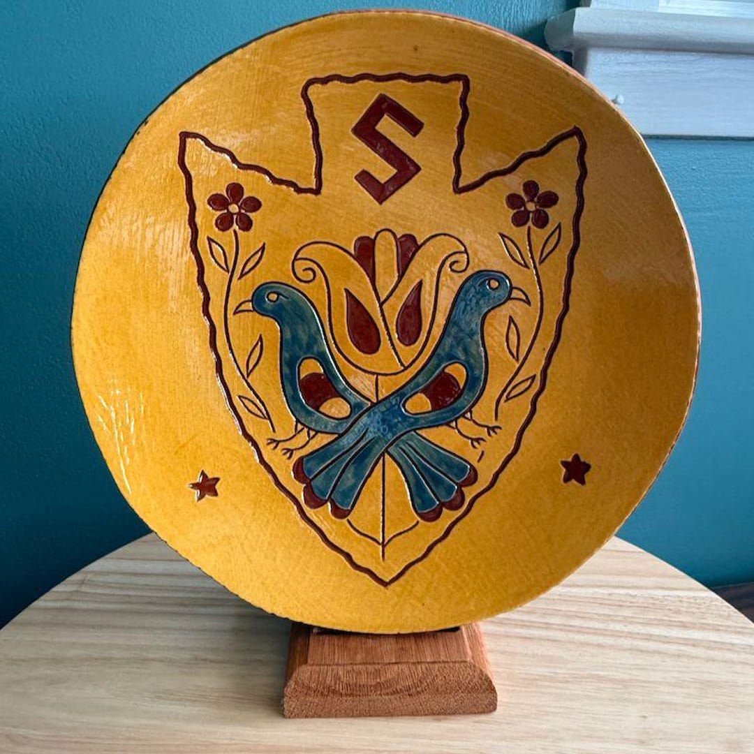 1993 Lester Breininger Folk Art Pottery Plate Blue Birds Taylor Mansion ...