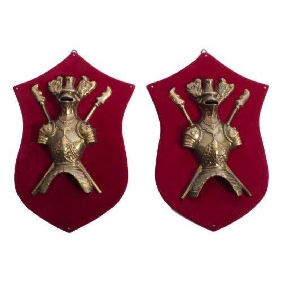 Vintage Coat of Arms Raised Knight Plaques Brass on Red Velvet Hanger ...