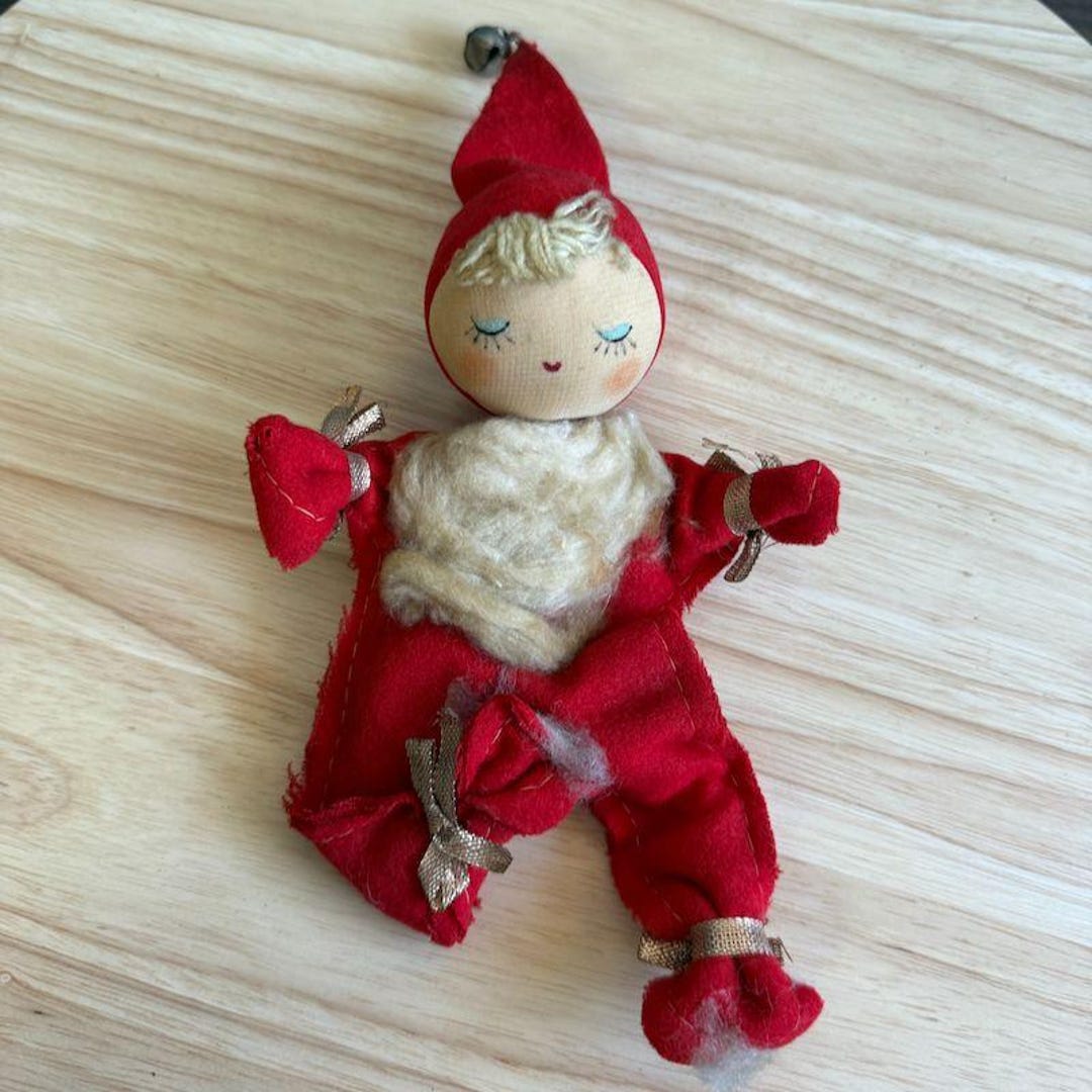 Vintage 50's Red Santa Elf Doll With Gold Ribbon Bell Hat Articulated ...