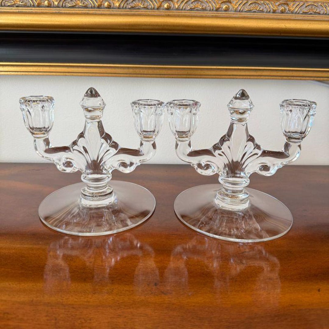 Heisey Trident Crystal Danish Clear Princess Pair Candlesticks 2 Lite ...