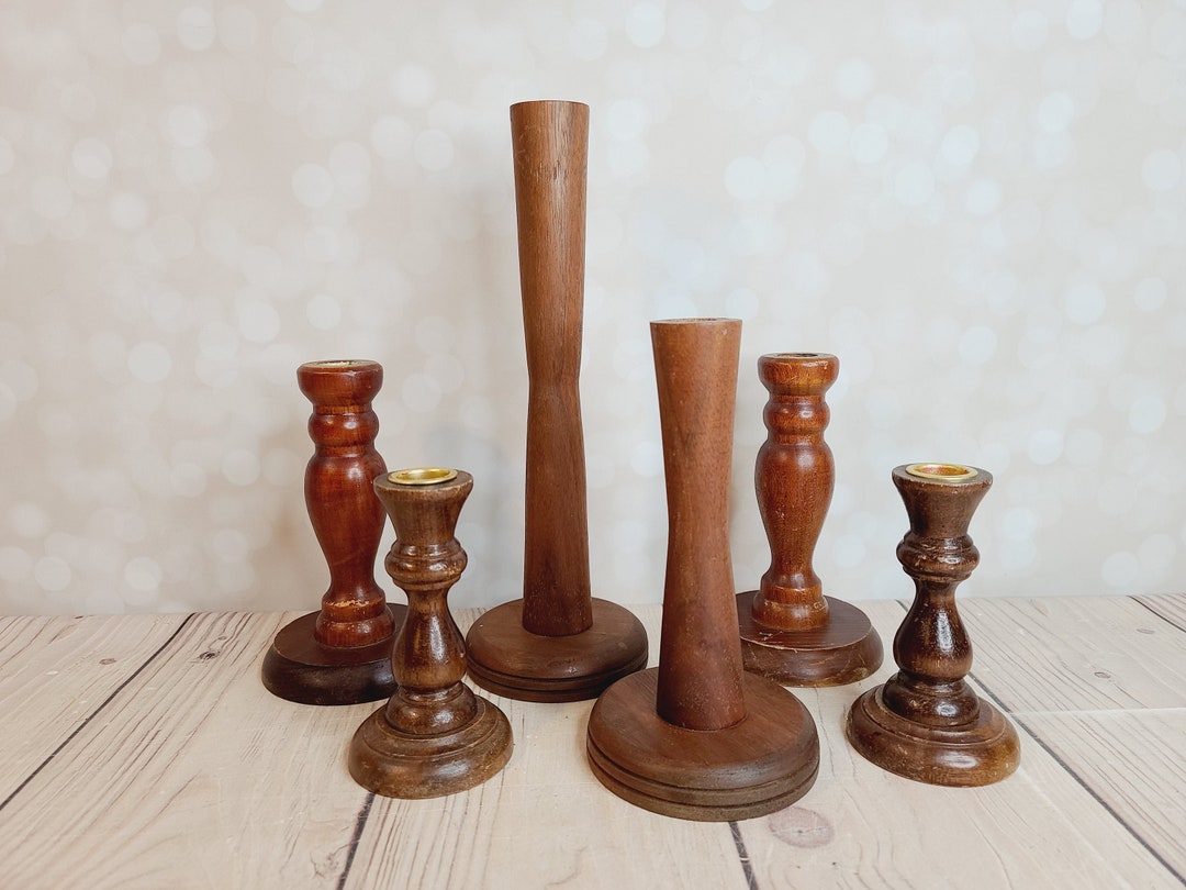 Vintage Wood Candlestick Collection, Set of 6 - Etsy