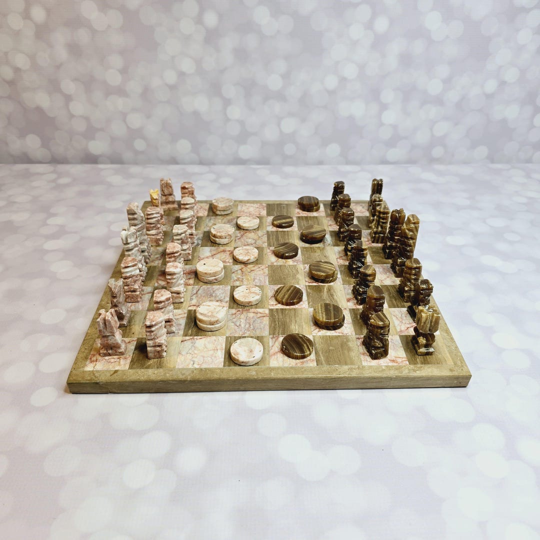 Vintage Stone Chess Checkers Set - Etsy