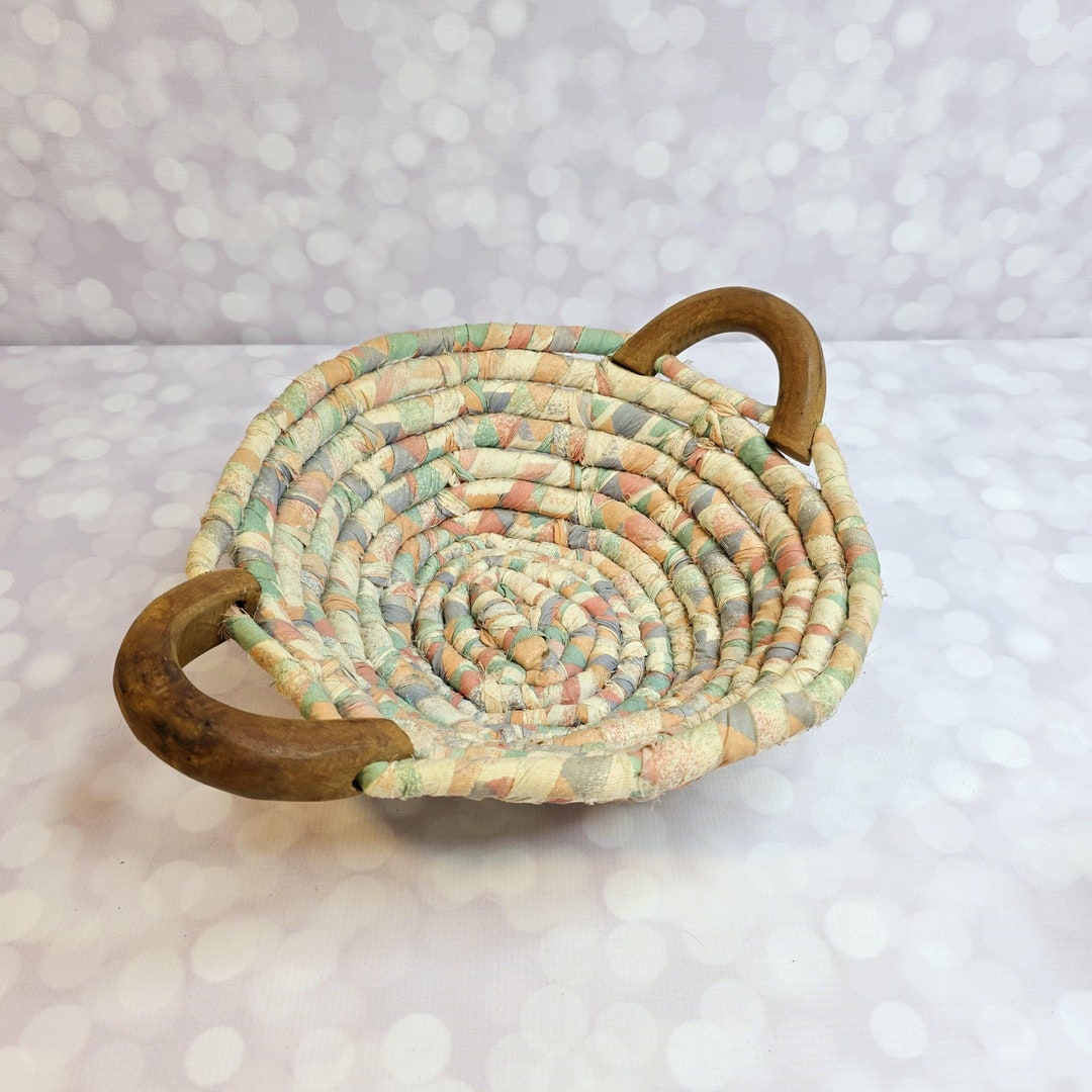 Vintage Coil Rag Basket With Wood Handles - Etsy