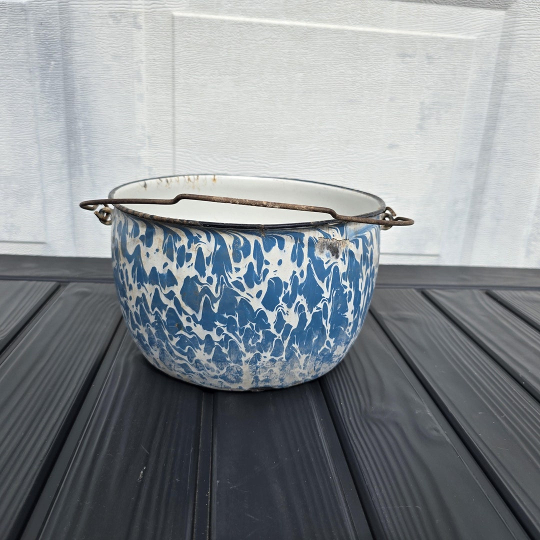 Antique Blue and White Enamel Pot - Etsy