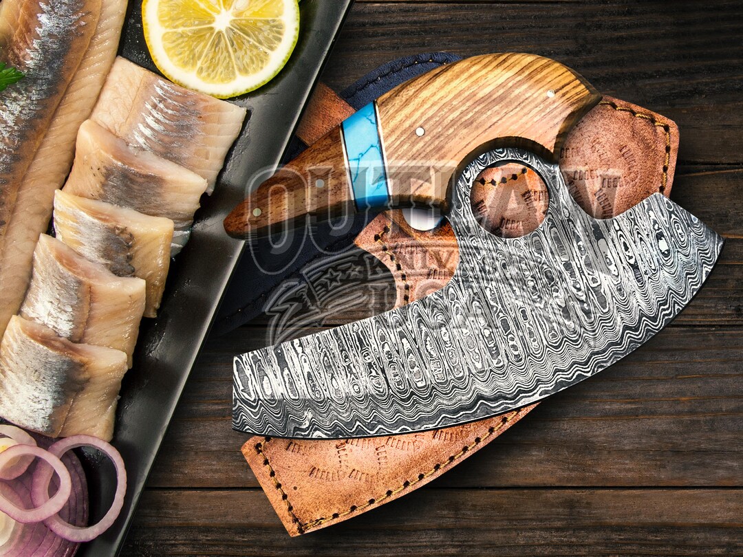 Damascus Ulu Knife, Kitchen Ulu Knife, Pizza Cutter, Damascus Hunting ...