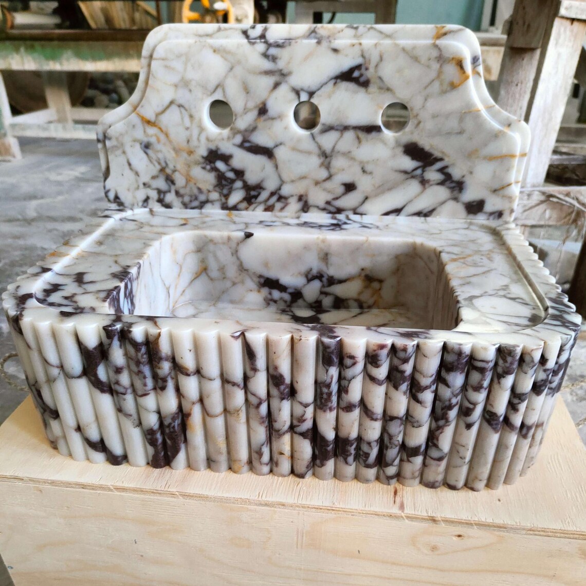 Wall-mounted Marble Bathroom Sink, Custom Calacatta Viola Sink, Wall ...