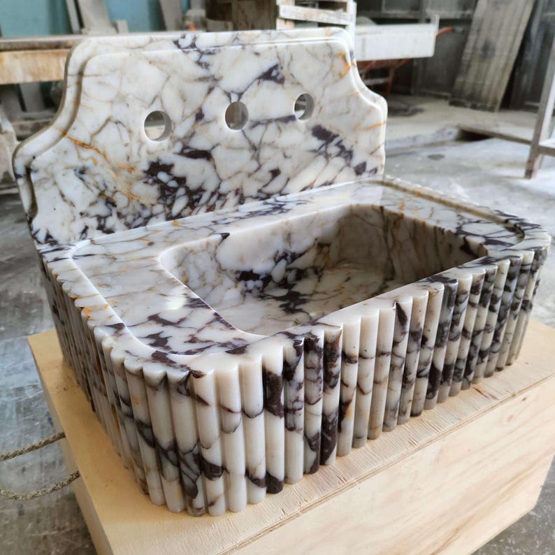Wall-mounted Marble Bathroom Sink, Custom Calacatta Viola Sink, Wall ...