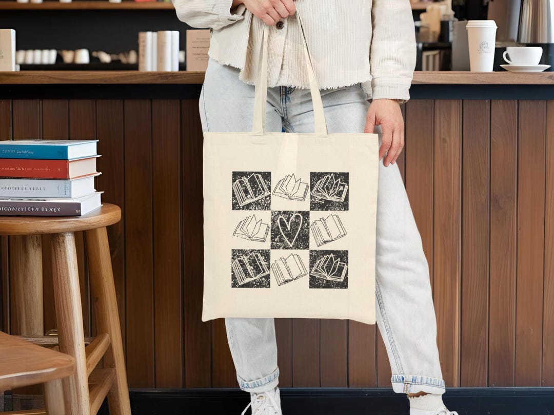 Book Lover Checkered Tote Bag, Books and a Heart Cotton Canvas Bag ...