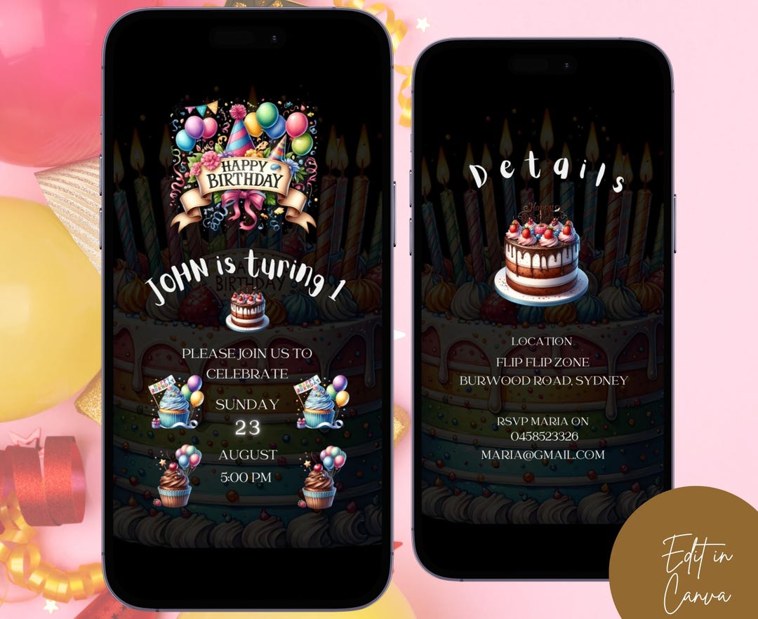 Editable Cake Birthday Digital Invite, Colorful Cakes Phone Invitation ...