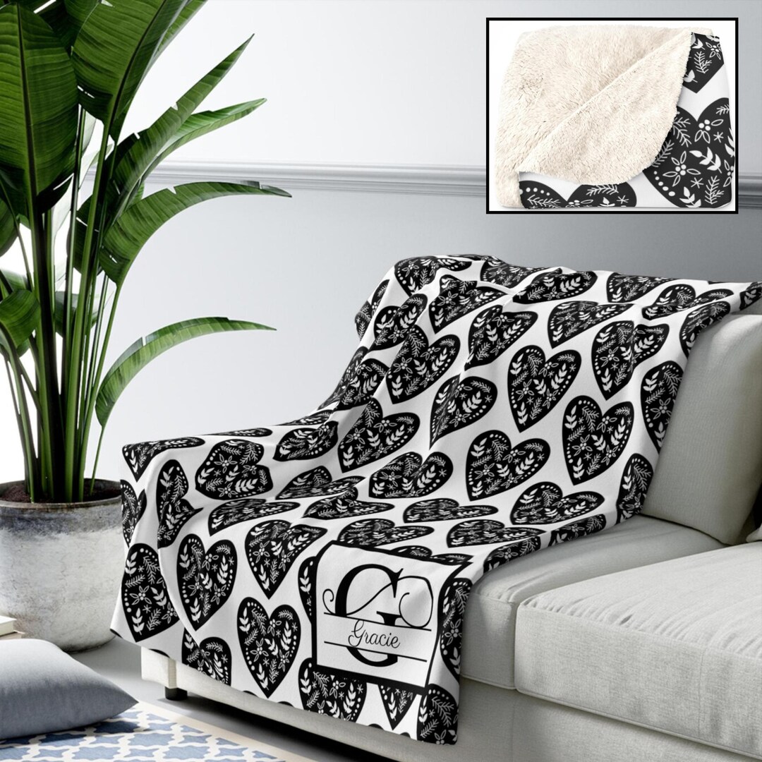 Monogram Scandinavian Hearts Sherpa Fleece Blanket, Personalized Cozy ...
