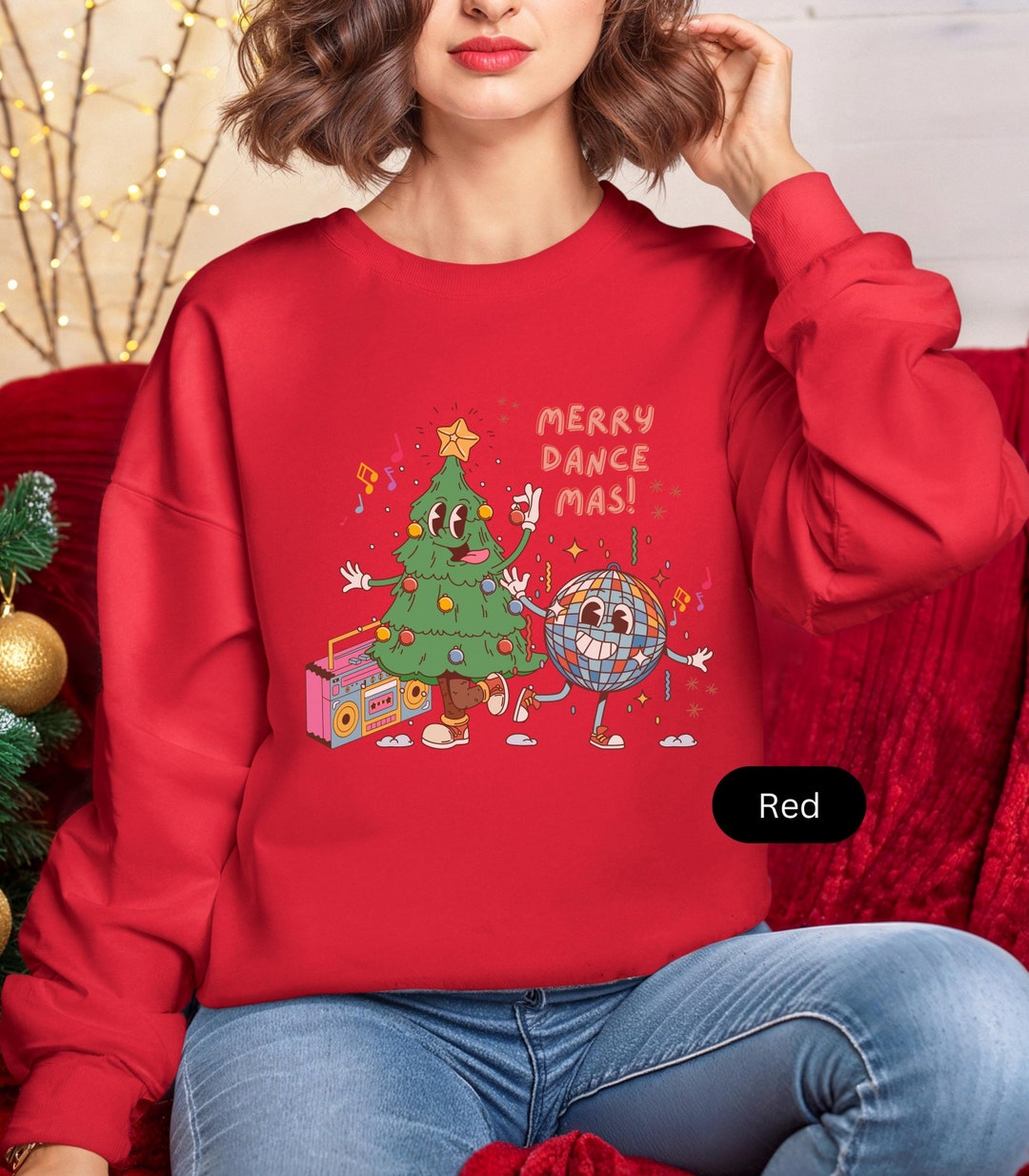 Christmas Tree Disco Ball Boombox Crewneck Sweatshirt for Holiday ...
