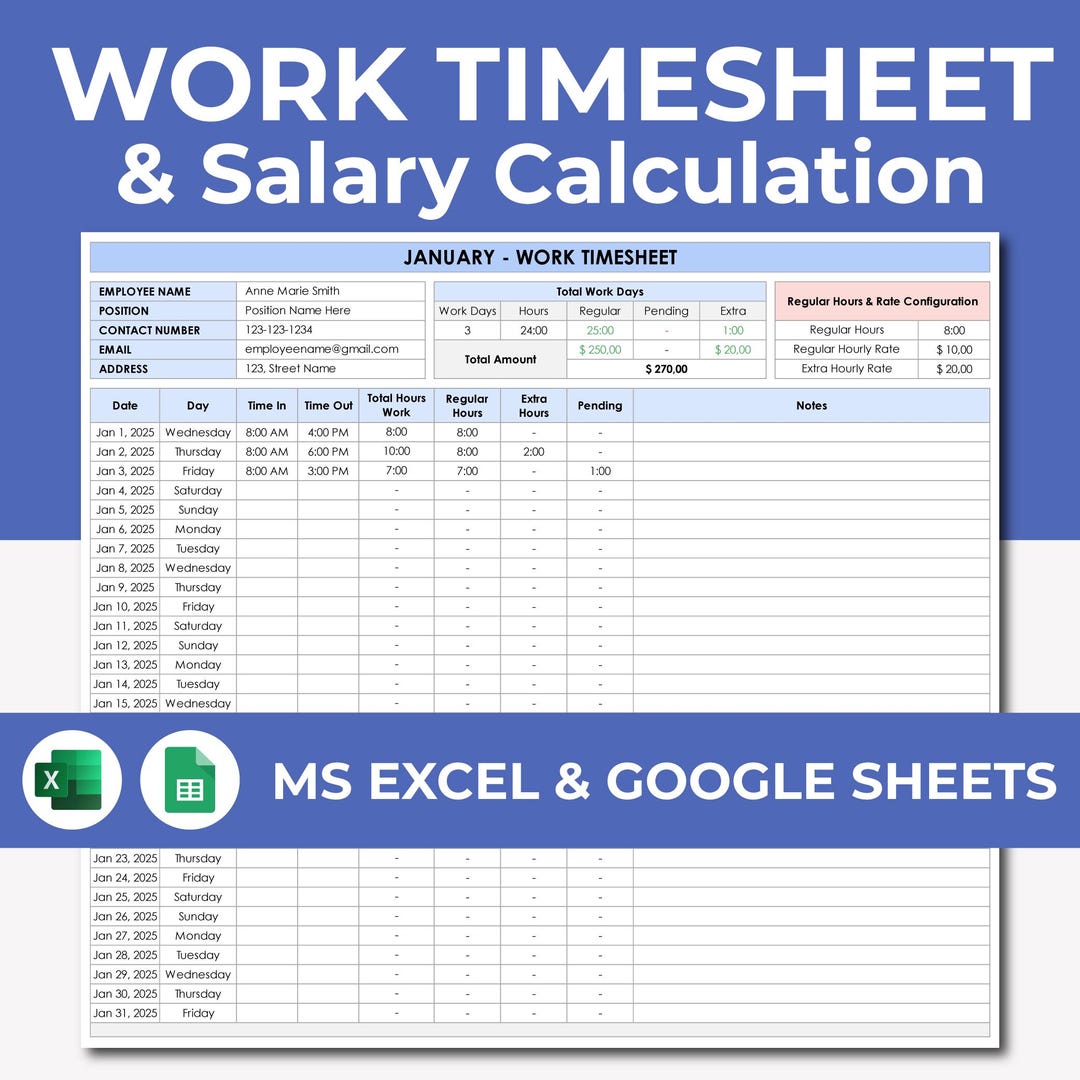 Work Timesheet And Salary Calculation With Hourly Rate Payroll And Time Tracking Employee Time