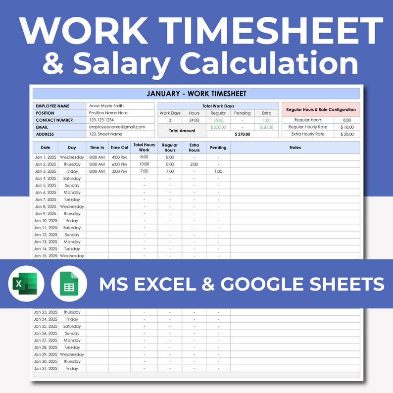 Work Timesheet & Salary Calculation With Hourly Rate | Payroll and Time ...