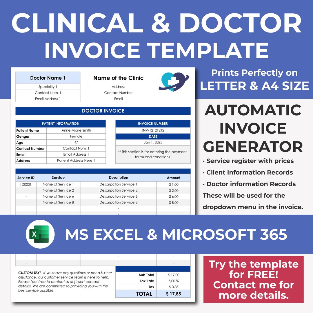 Clinical & Doctor Invoice Generator Spreadsheet Template | Medical ...