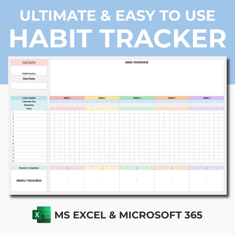 Habit Tracker Template | Excel Spreadsheet | Monthly Weekly Daily Habit ...