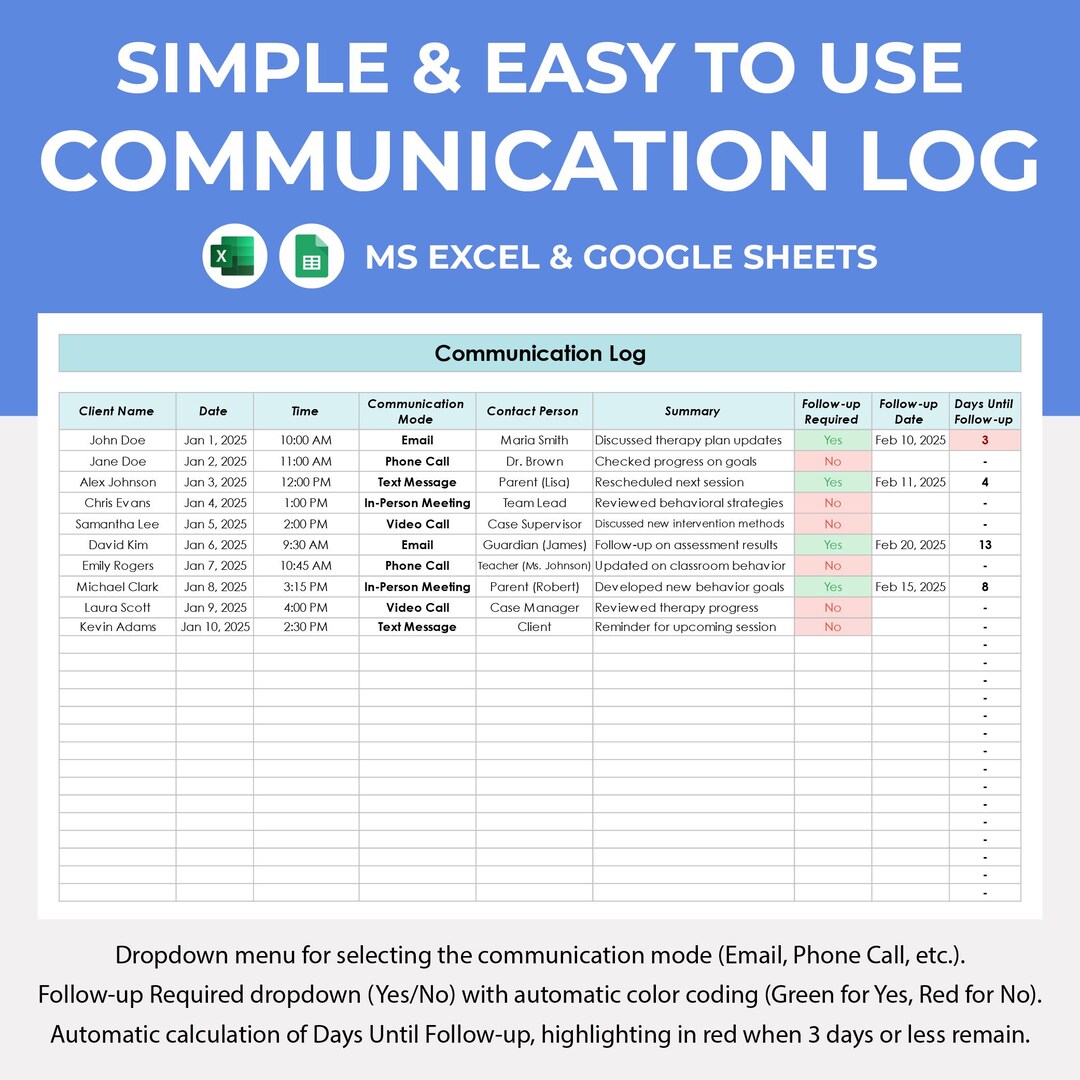Simple Communication Log for Bcbas | EXCEL 365 & Google Sheets ...