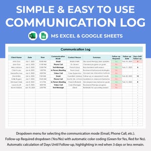 Simple Communication Log for Bcbas | EXCEL 365 & Google Sheets Spreadsheet Template for Tracking ...