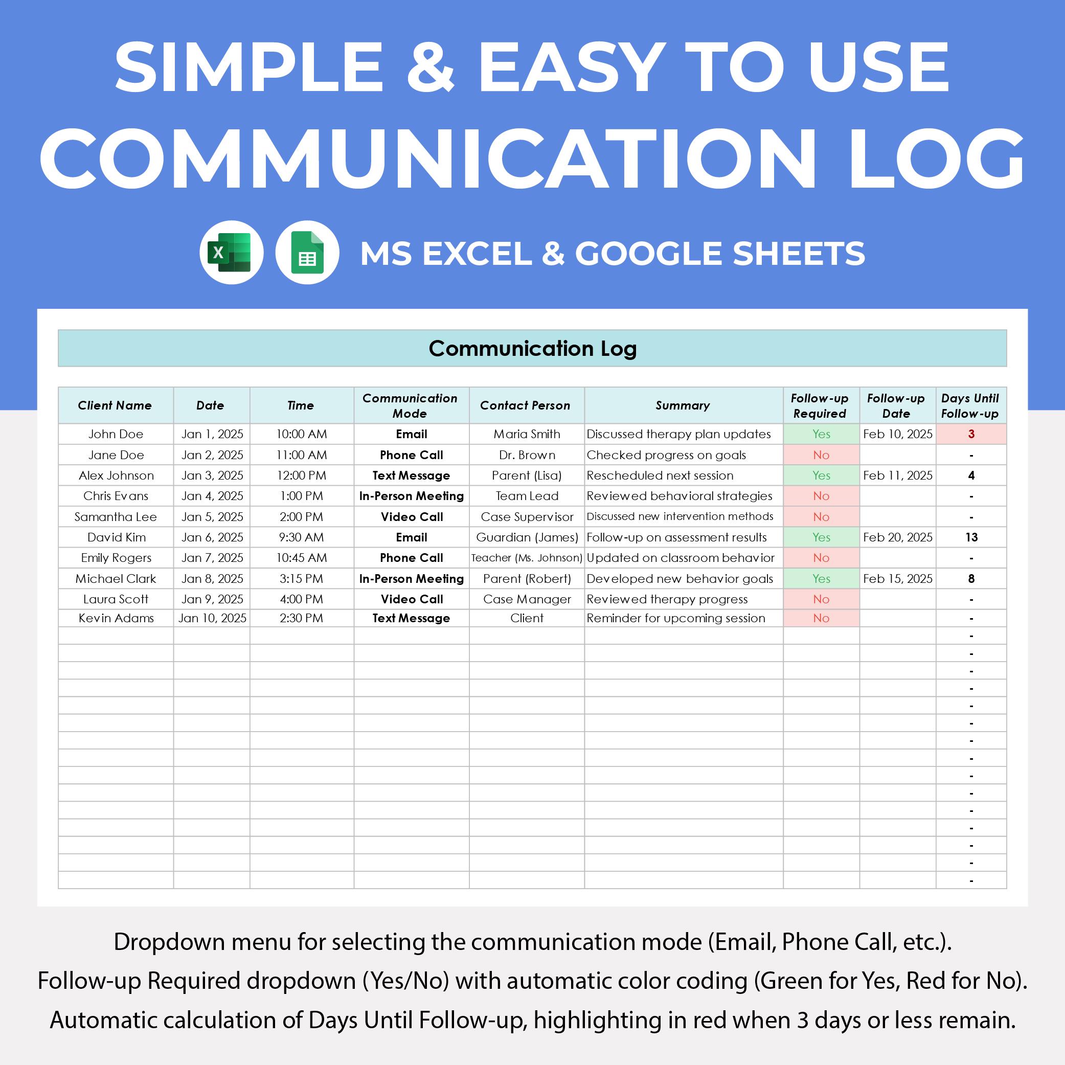 Simple Communication Log for Bcbas | EXCEL 365 & Google Sheets Spreadsheet Template for Tracking ...