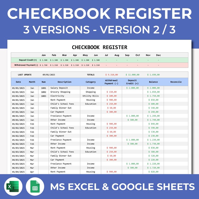 Checkbook Register Excel Spreadsheet & Google Sheets Template | Checkbook Template | Monthly ...