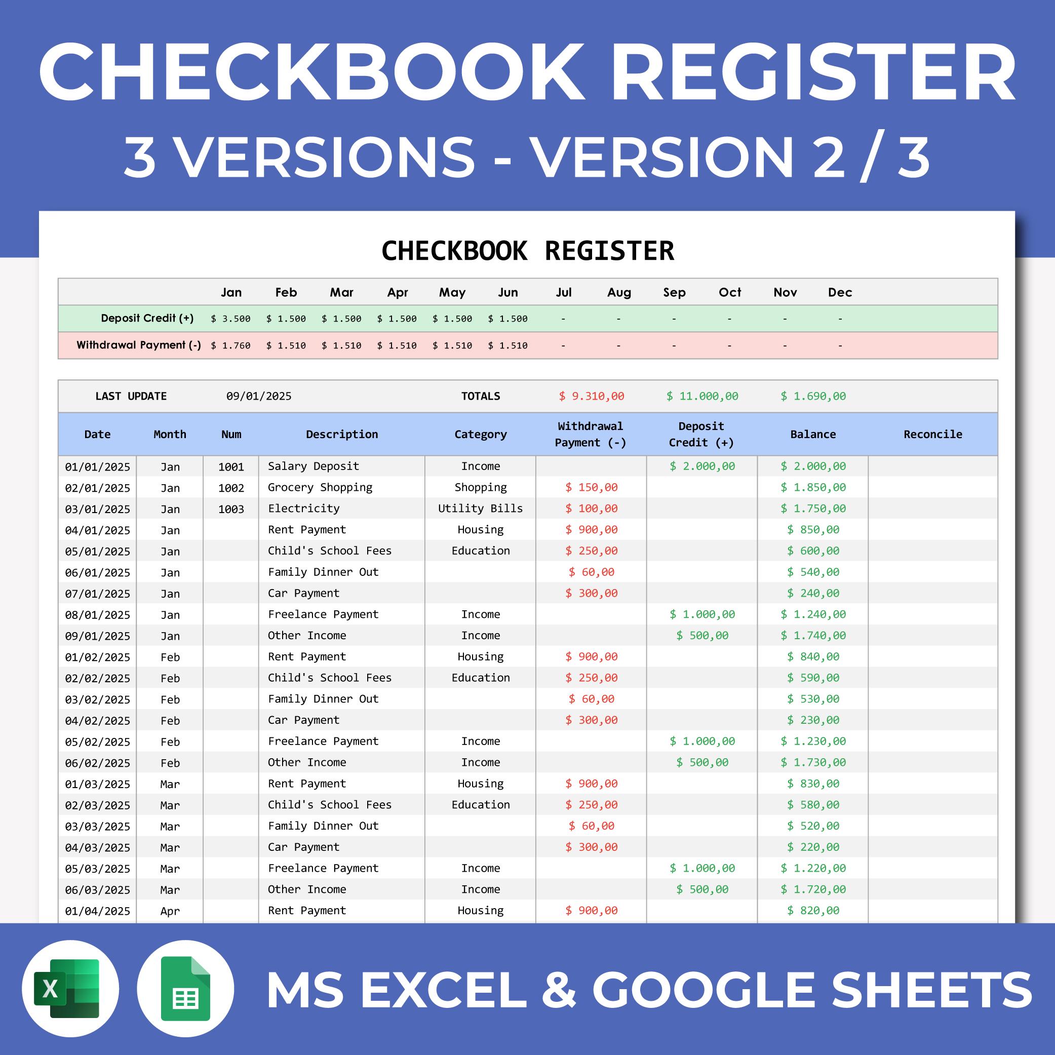 Checkbook Register Excel Spreadsheet & Google Sheets Template ...