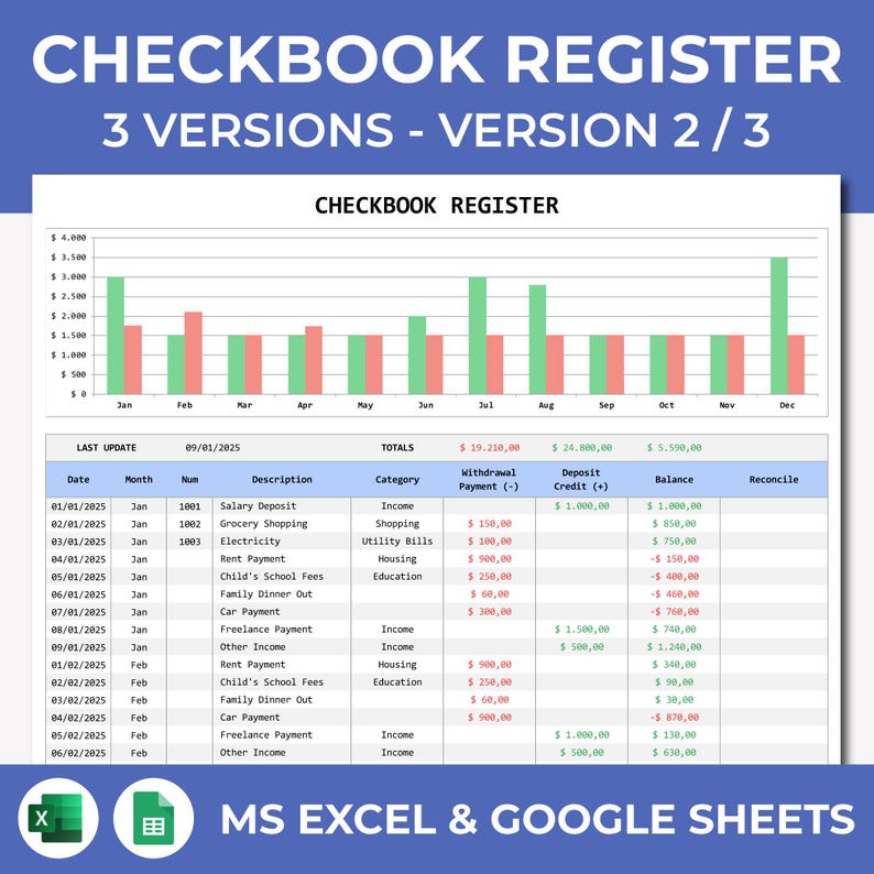 Checkbook Register Excel Spreadsheet & Google Sheets Template ...
